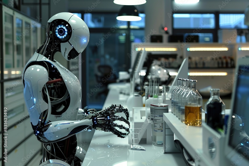 Futuristic robotics lab with advanced humanoid robot overseeing operations Stock Illustration ...