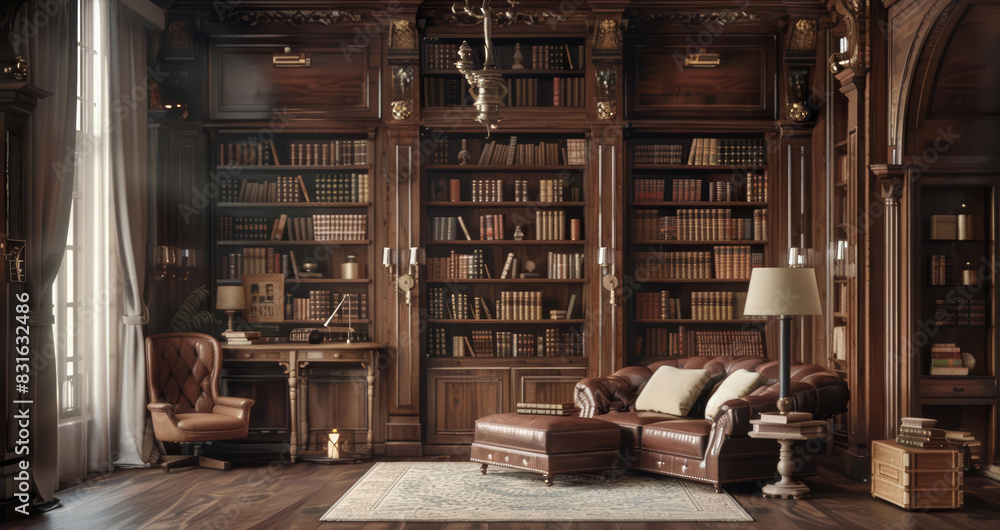 Frame mockup, an elegant vintage library with towering bookshelves and a cozy reading nook ...