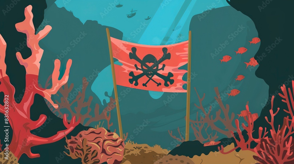 Pirate flag among coral flat design front view, pirate adventures ...
