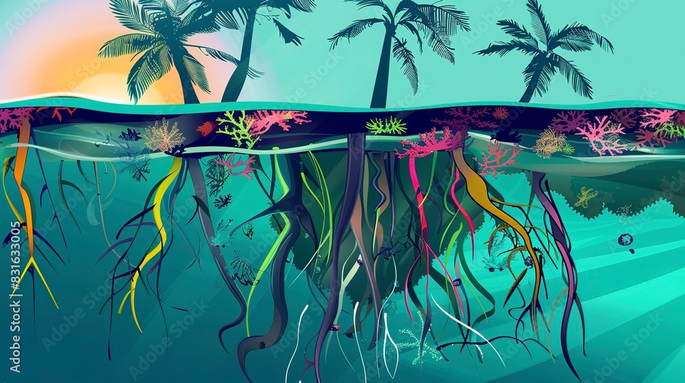 Underwater palm tree roots flat design side view, tropical paradise ...