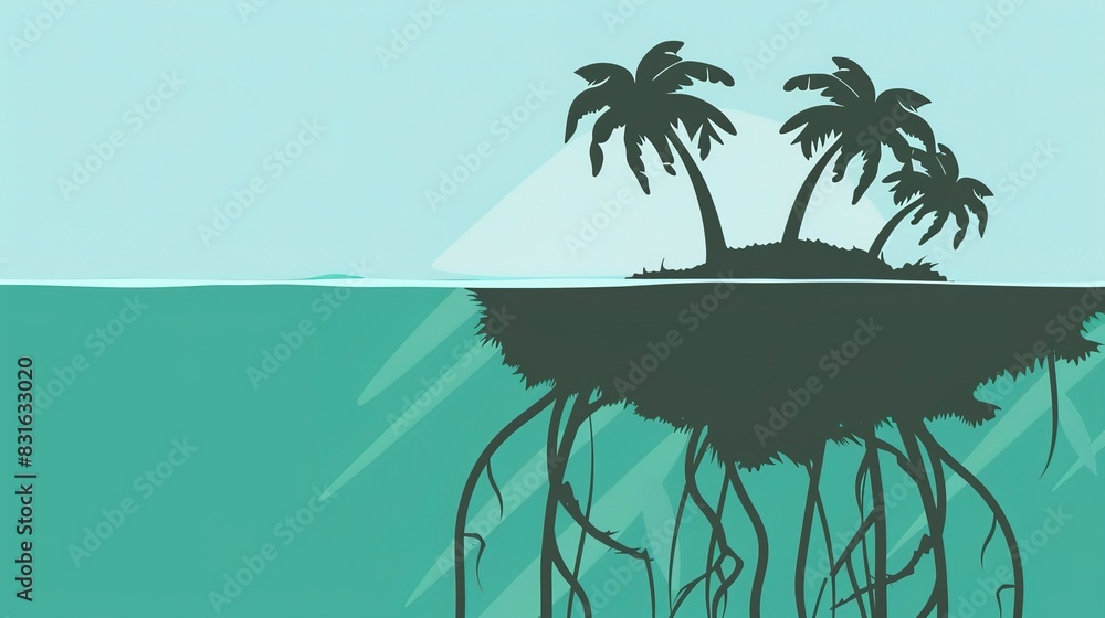 Underwater palm tree roots flat design side view, tropical paradise ...