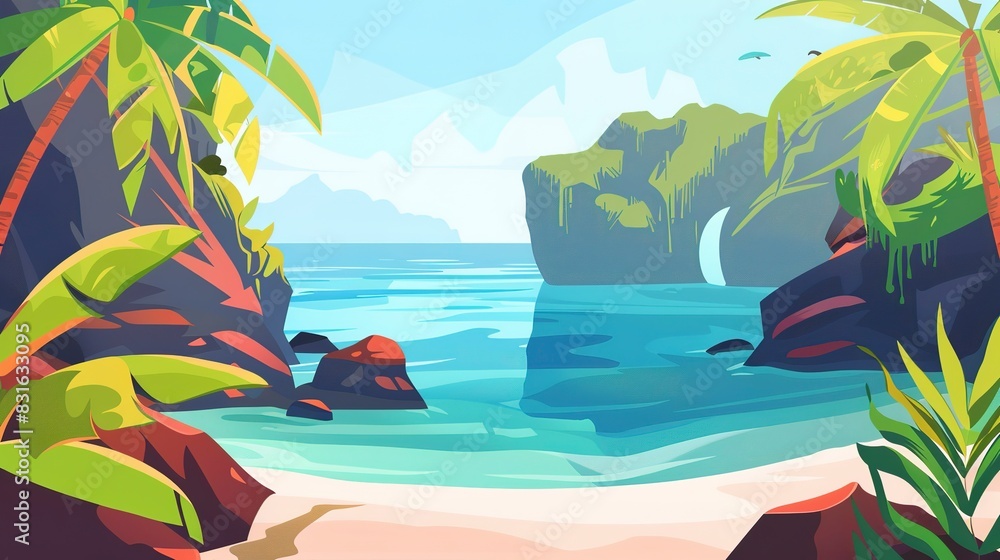 Hidden lagoon flat design front view, tropical paradise, cartoon ...