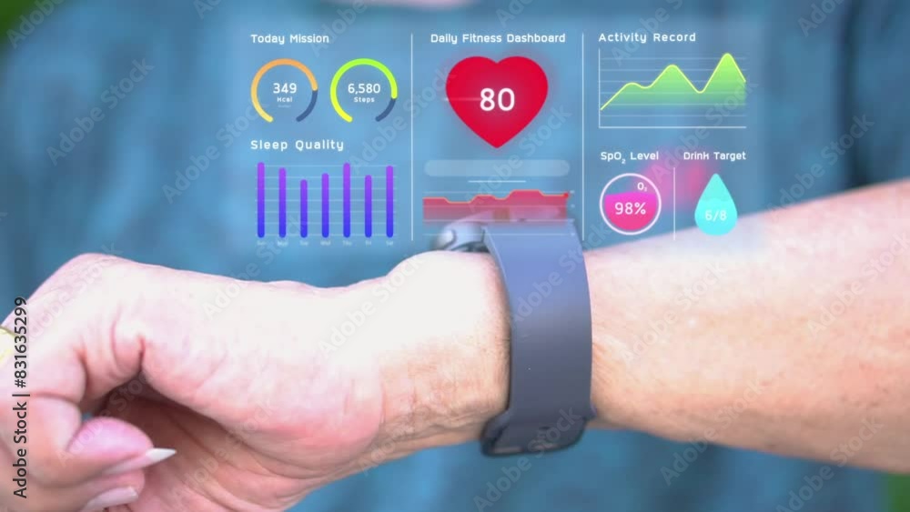 Senior man using AI smartwatch with futuristic hologram infographic display, hi-tech medical ...