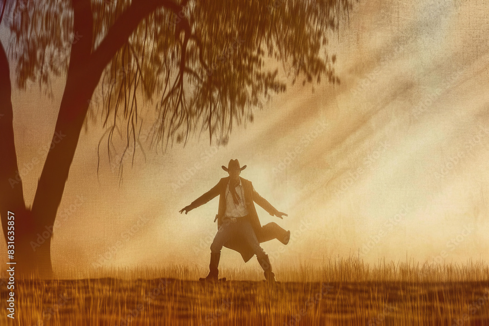 Dramatic Cowboy Silhouette Under Tree in Golden Sunset Stock Photo ...