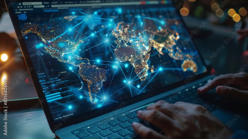 Digital map on the laptop screen. The focus is on highlighting details ...