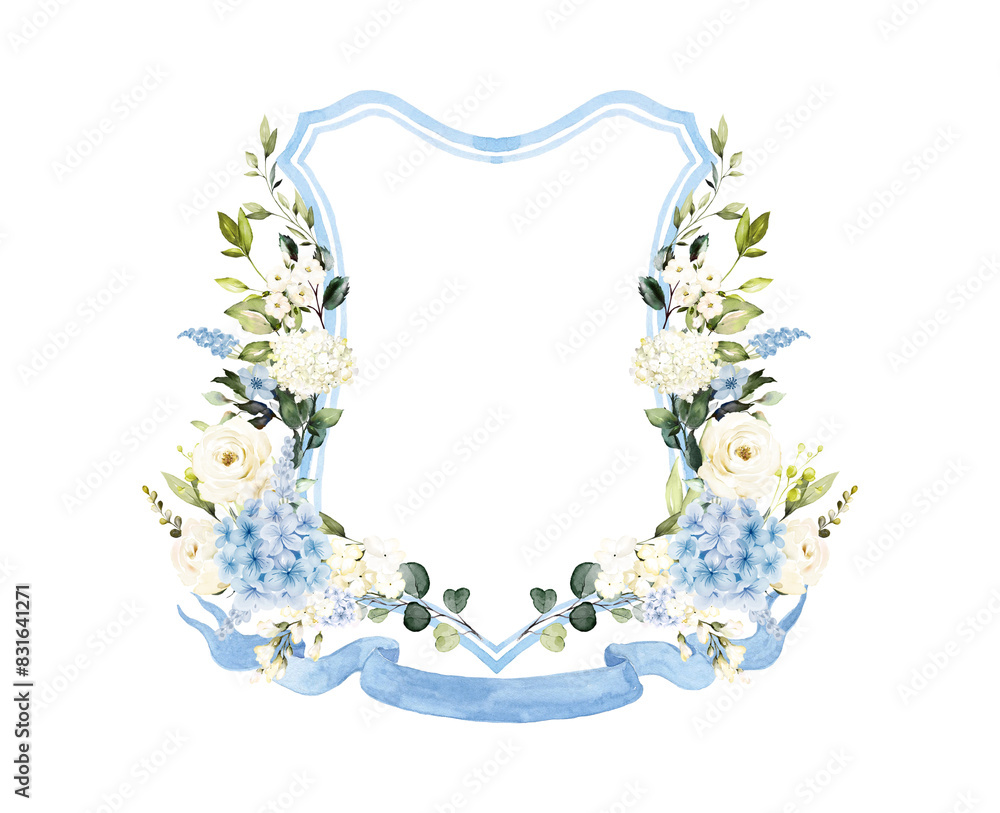 Blue White Hydrangea Watercolor Flowers Wedding Crest template PNG ...