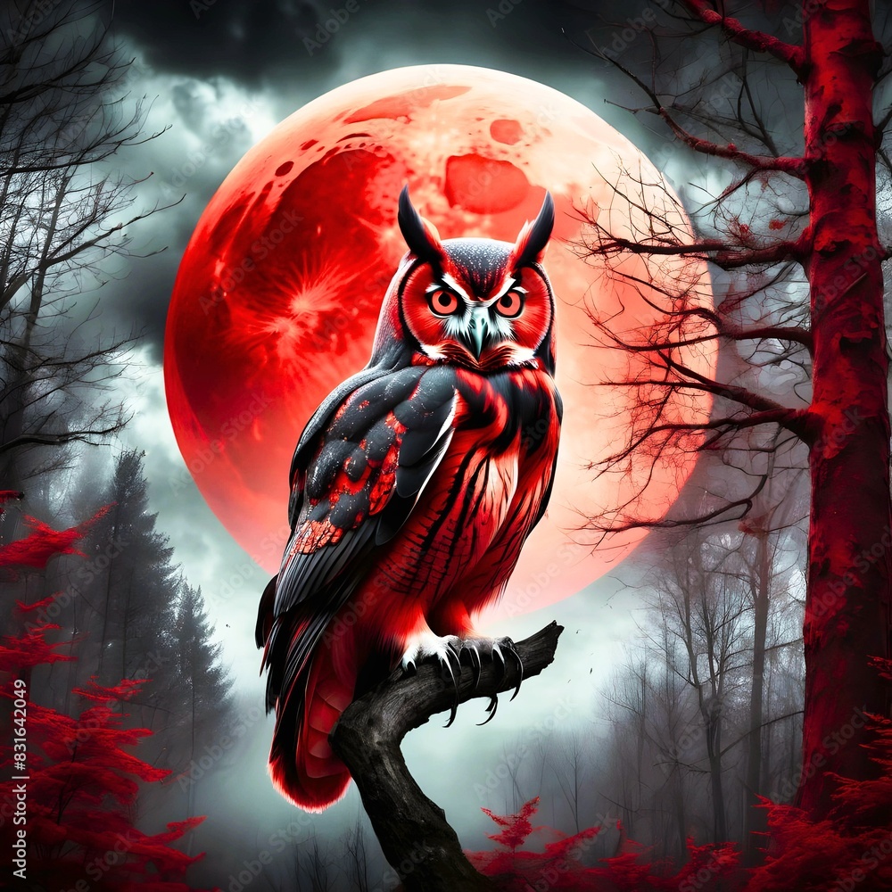 A red moon lights up a gothic forest shrouded in mist glowing red owl ...