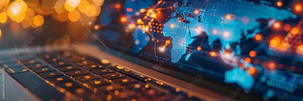 Digital map on the laptop screen. The focus is on highlighting details ...