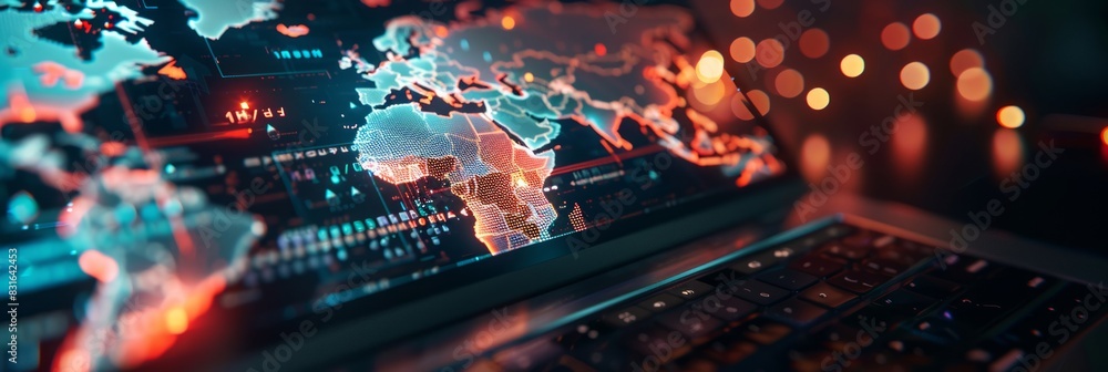 Digital map on the laptop screen. The focus is on highlighting details ...