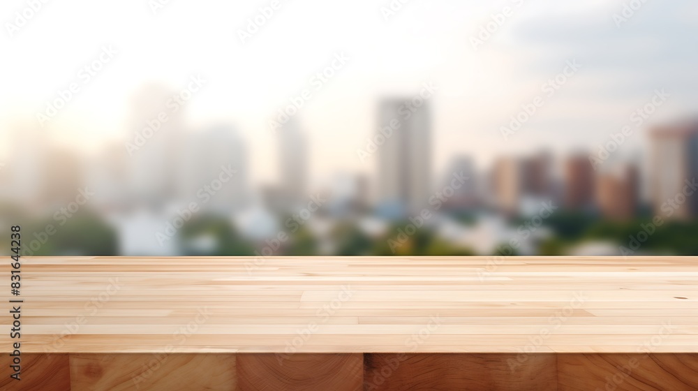 Wood table top on white abstract background form office building.For ...