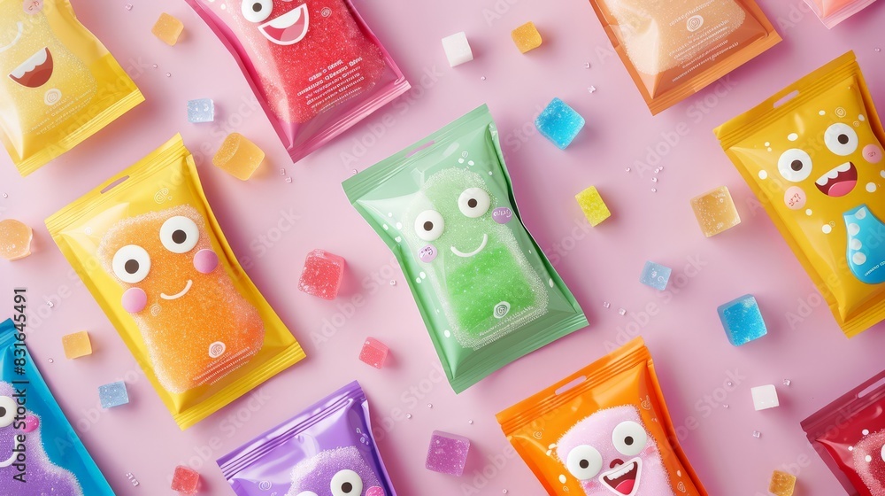 Colorful candy packs with smiling faces on a pink background ...