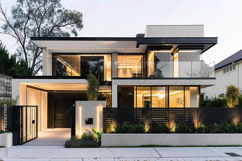 A contemporary house front view featuring a secure main gate and a ...