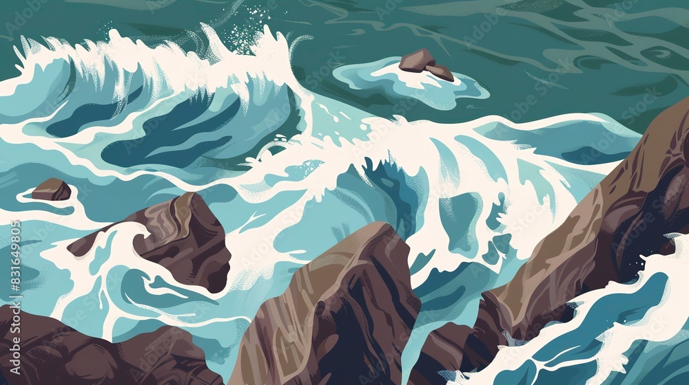 Giant waves crashing on rocks flat design top view, stormy seas ...