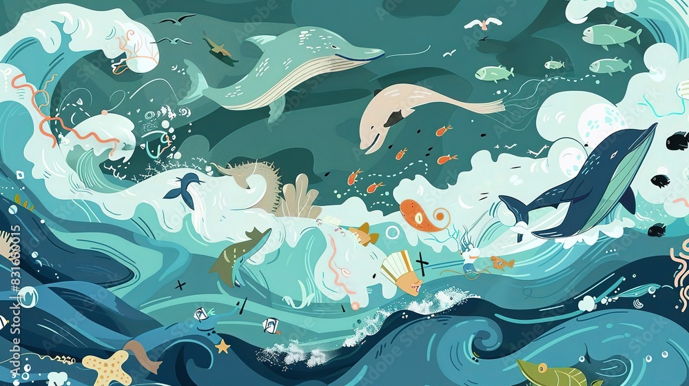 Sea creatures hiding from storm flat design side view, stormy seas ...