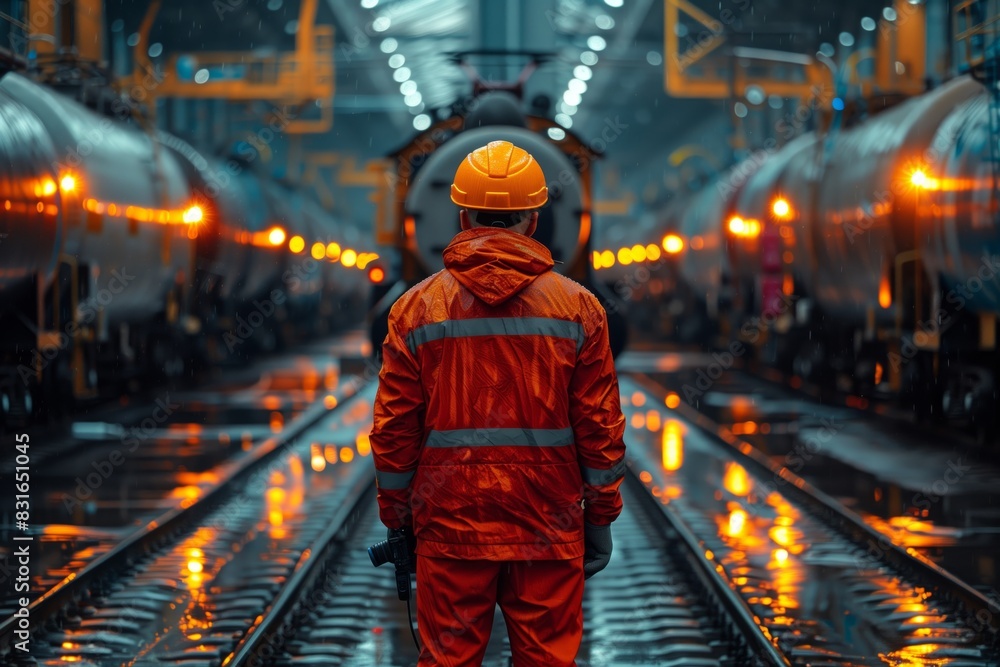 Railway Worker in Safety Gear at Train Depot. Railway worker wearing ...