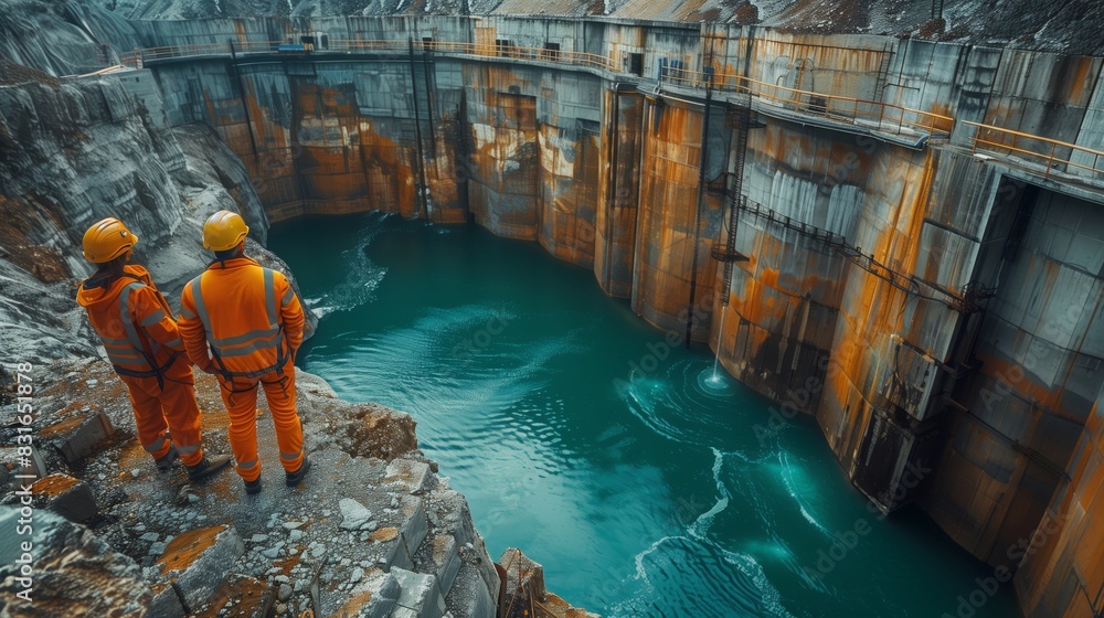 Workers inspecting dam construction site. Two workers in orange safety ...