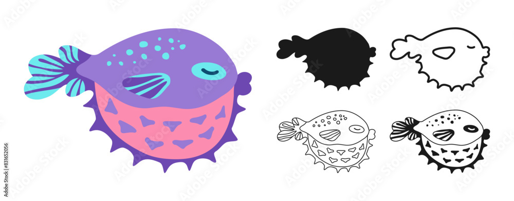 Hedgehog fish cartoon sign set. Ocean sea urchin animal funny kids flat ...