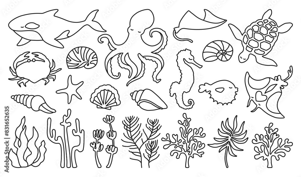 Ocean sea animals simple symbols set. Marine signs funny comic cartoon ...