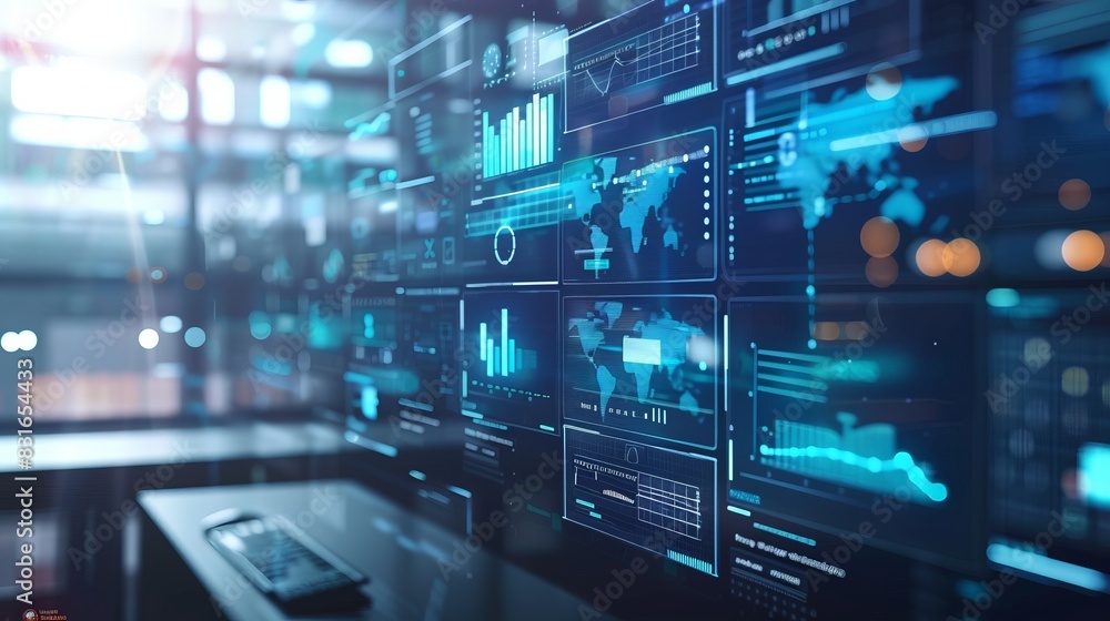 Futuristic control room with digital data panels displaying graphs ...