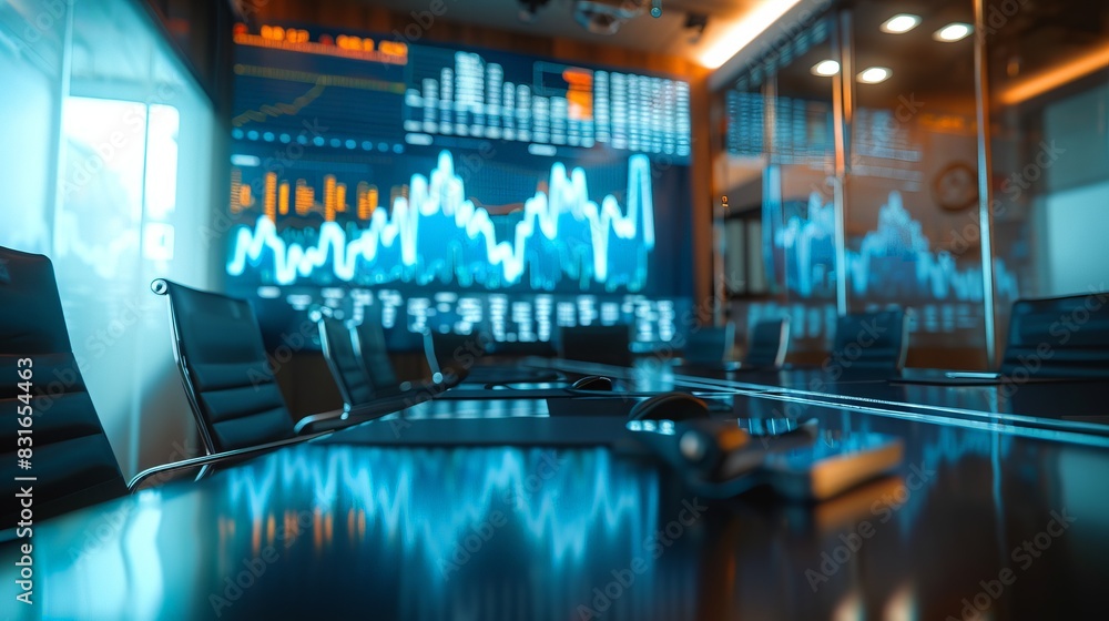 Modern conference room with financial data charts on screen, reflecting ...