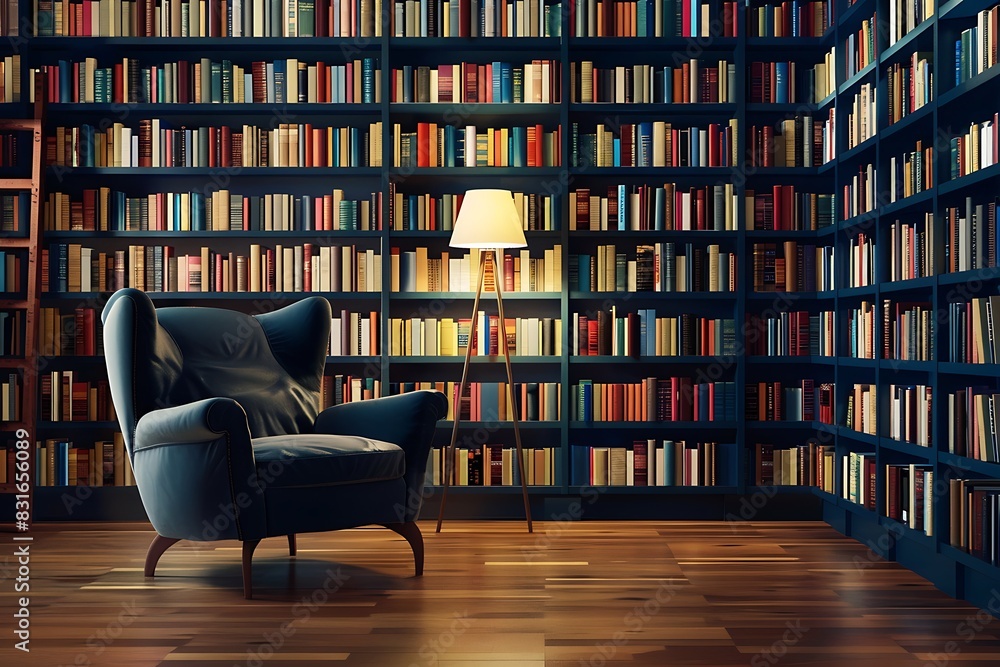 Modern library with sleek floor-to-ceiling bookshelves, a comfortable armchair in a jewel tone ...
