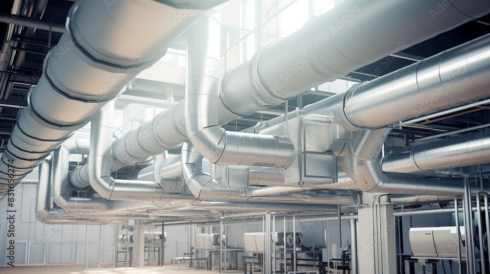 Modern industrial HVAC system with shiny metal ducts and pipes ...