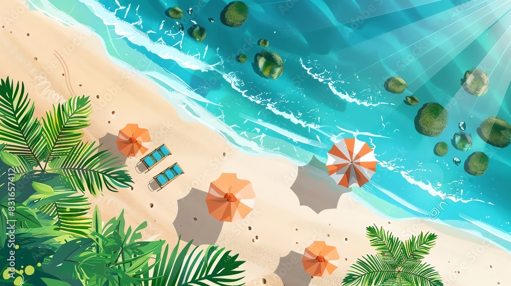 Tropical beach scene flat design top view summer cartoon drawing vivid ...