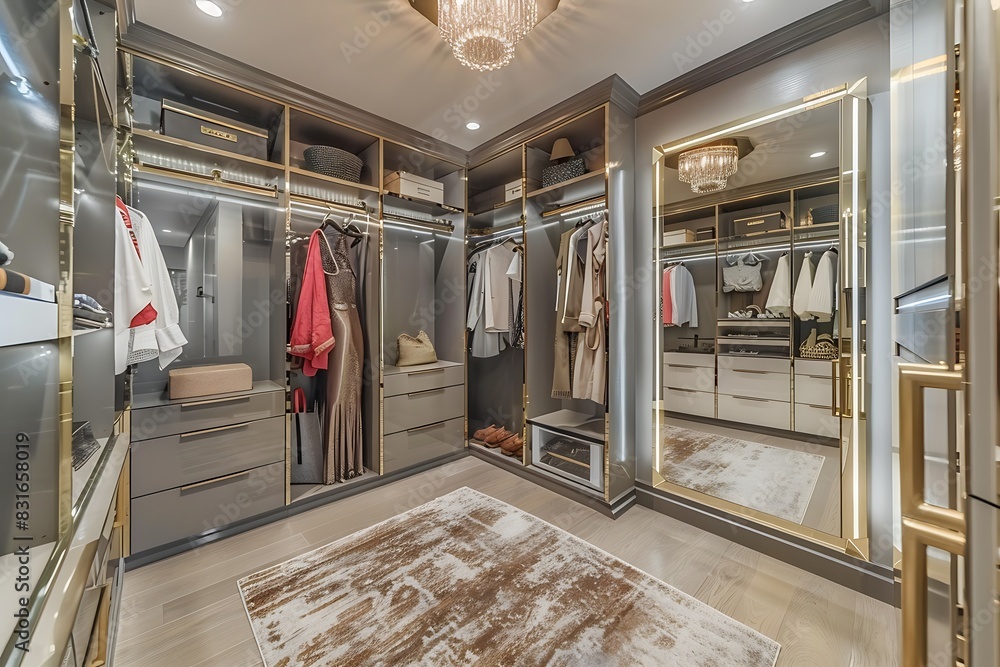 Modern walk-in closet with sleek built-in wardrobes, a plush rug, and a ...