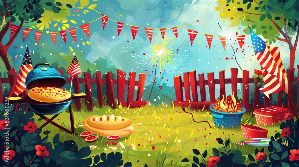 Hand-painted clipart of 4th of July picnic scene with barbecue, flags ...