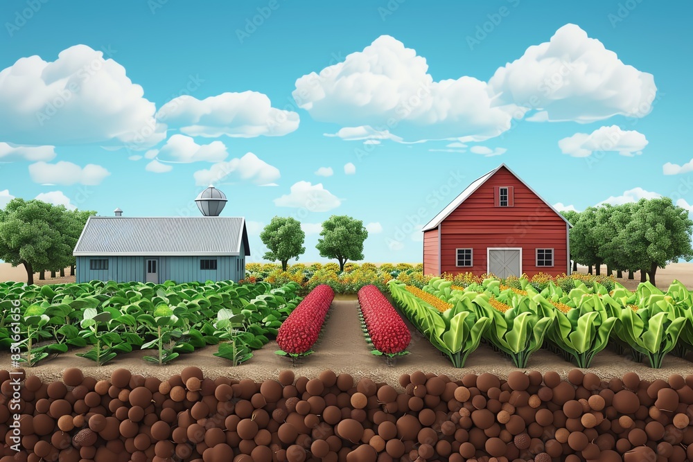 Organic farming flat design side view agriculture 3D render ...