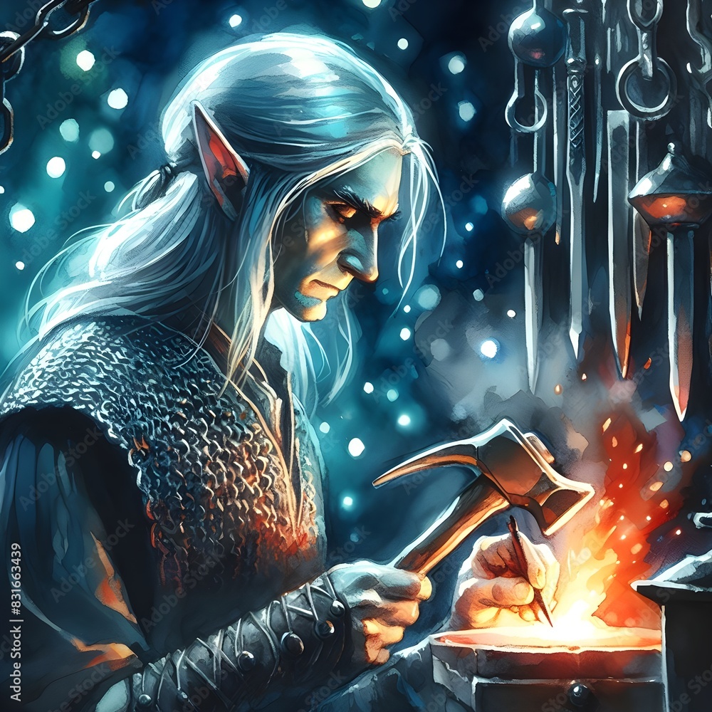 Elven blacksmith at work hitting an anvil with a hammer Stock ...