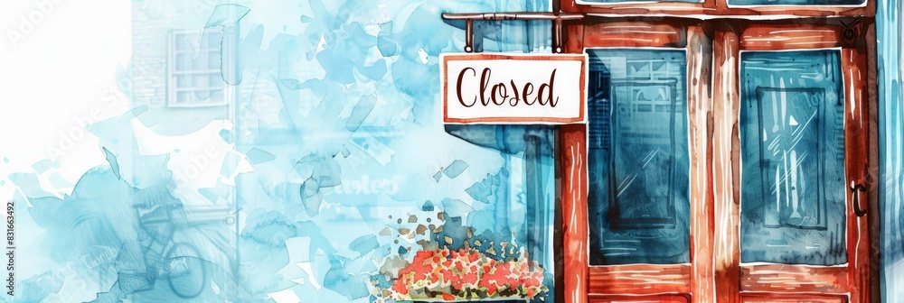 Artistic watercolor painting of a storefront with a 'Closed' sign ...