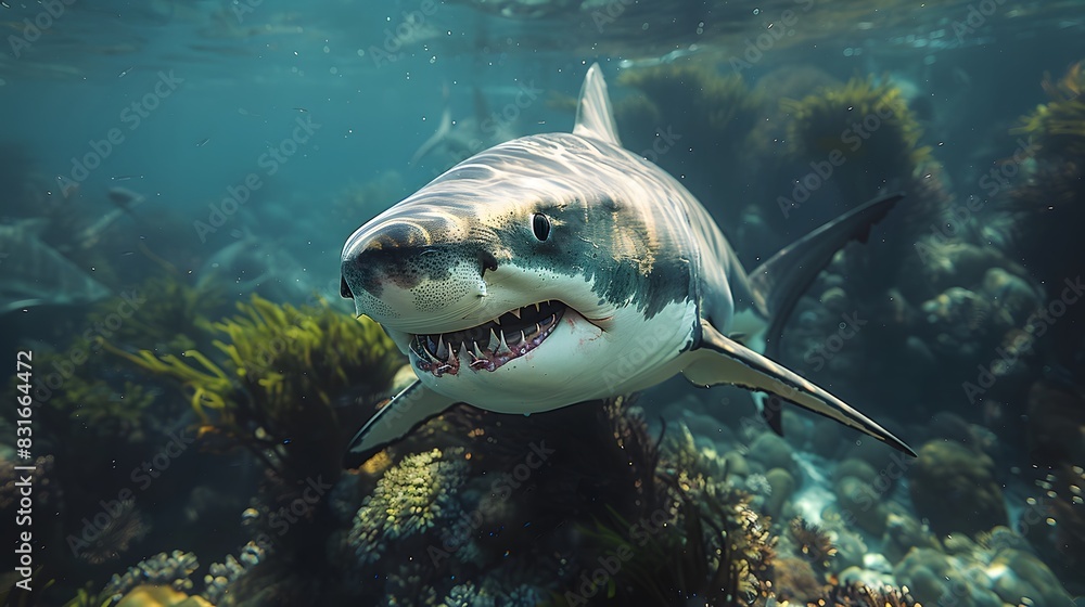 A powerful shark swimming through clear ocean waters, showcasing its ...