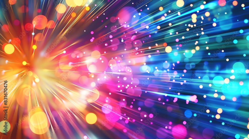 The fiber optic cable is depicted with light rays and a colorful ...