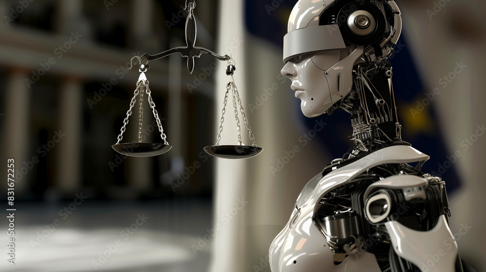 Robot Judge with Scales of Justice in Futuristic Courtroom Stock ...