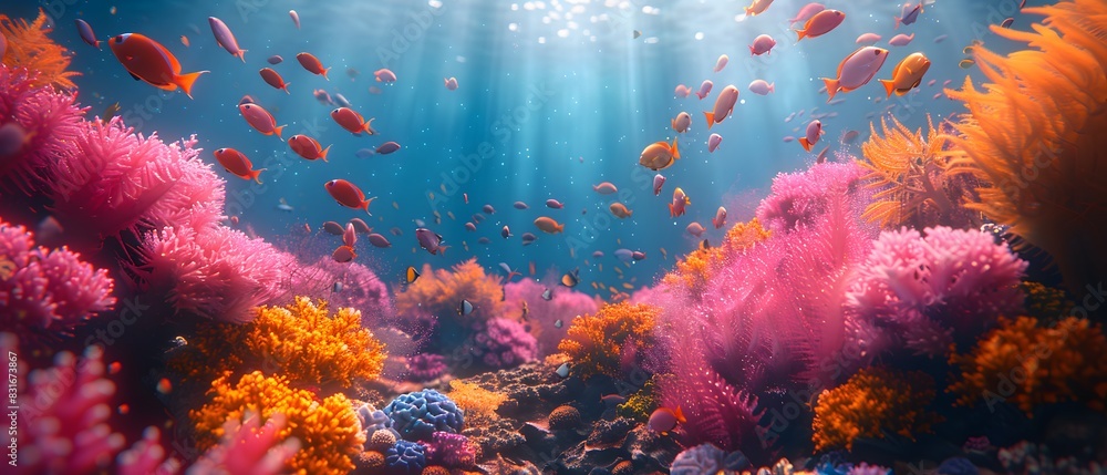 A vibrant underwater scene featuring colorful coral reefs and a variety ...