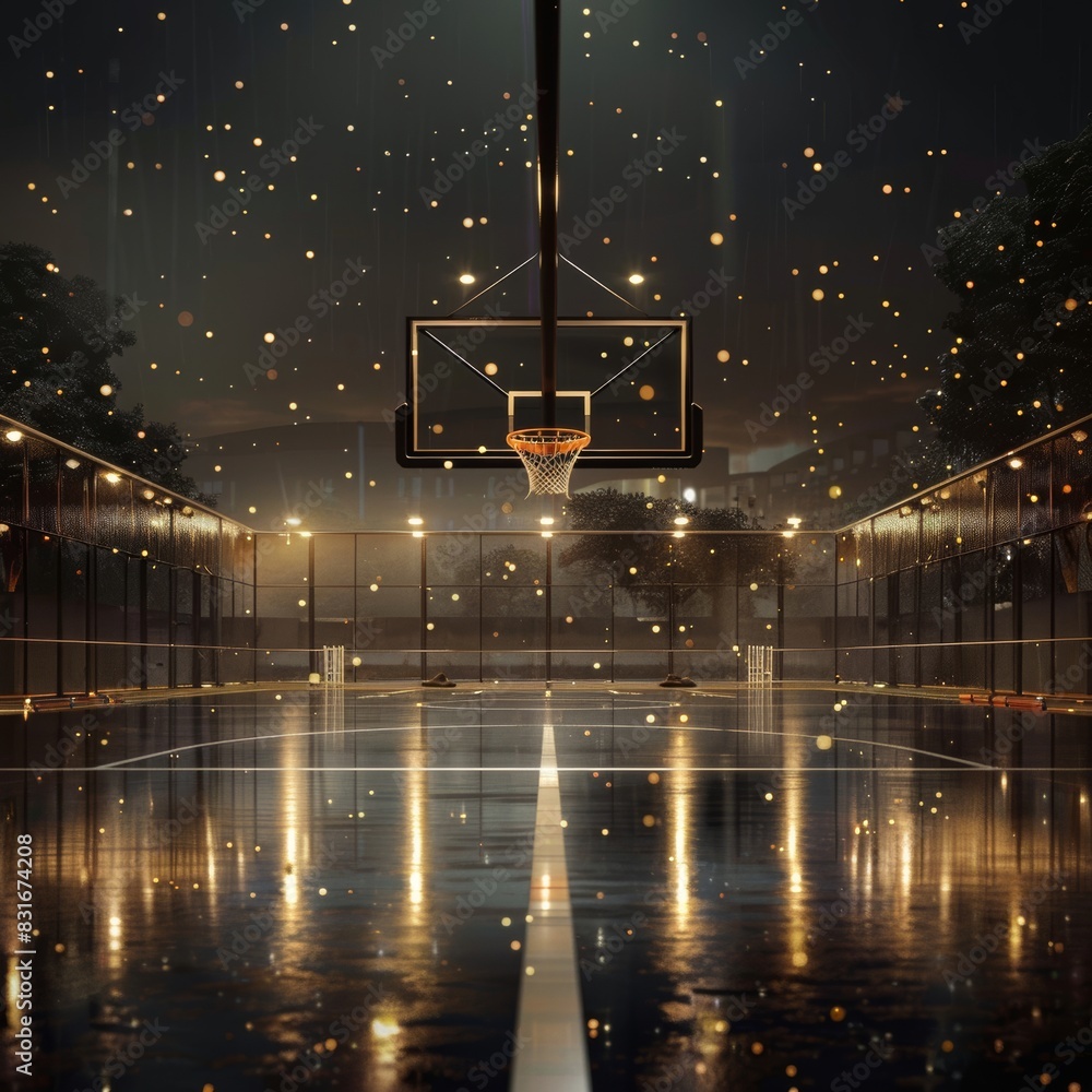 black basketball court with a clear glass backboard hoop, lights in the ...