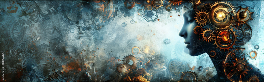 Steampunk woman profile with gears background - Surreal digital art ...