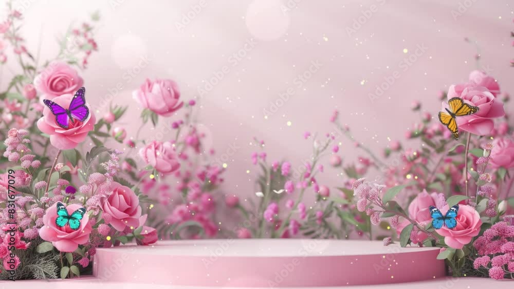 podium background flower rose product pink 3d spring. seamless looping ...