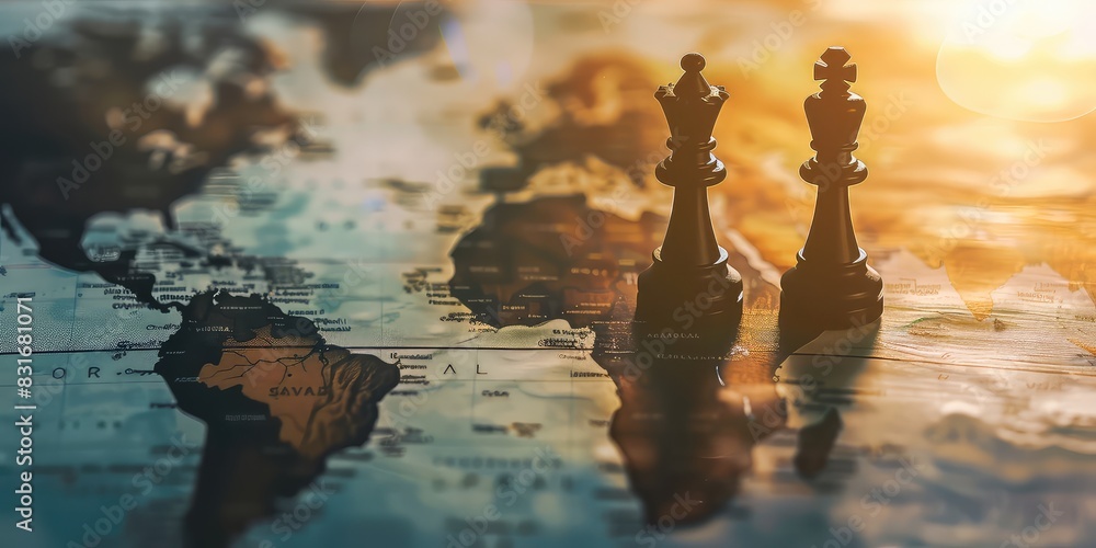 Geopolitics concept image with two chess pieces on a world map ...