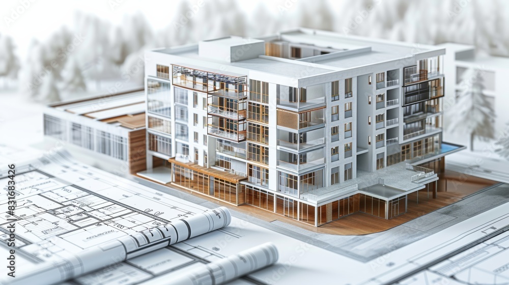 Architectural model of a modern multi-story building on top of ...