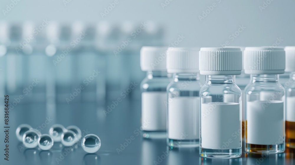 Medical pharmacy theme: empty clean bottles, containers, vials for ...