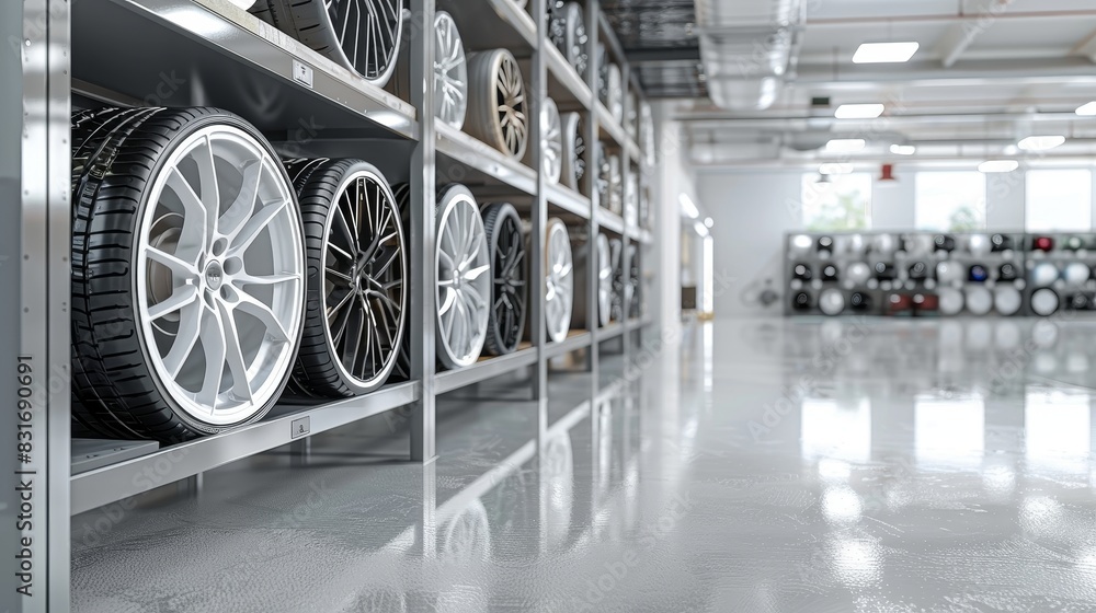 Contemporary alloy wheels storage with white alloy wheels, clean and ...