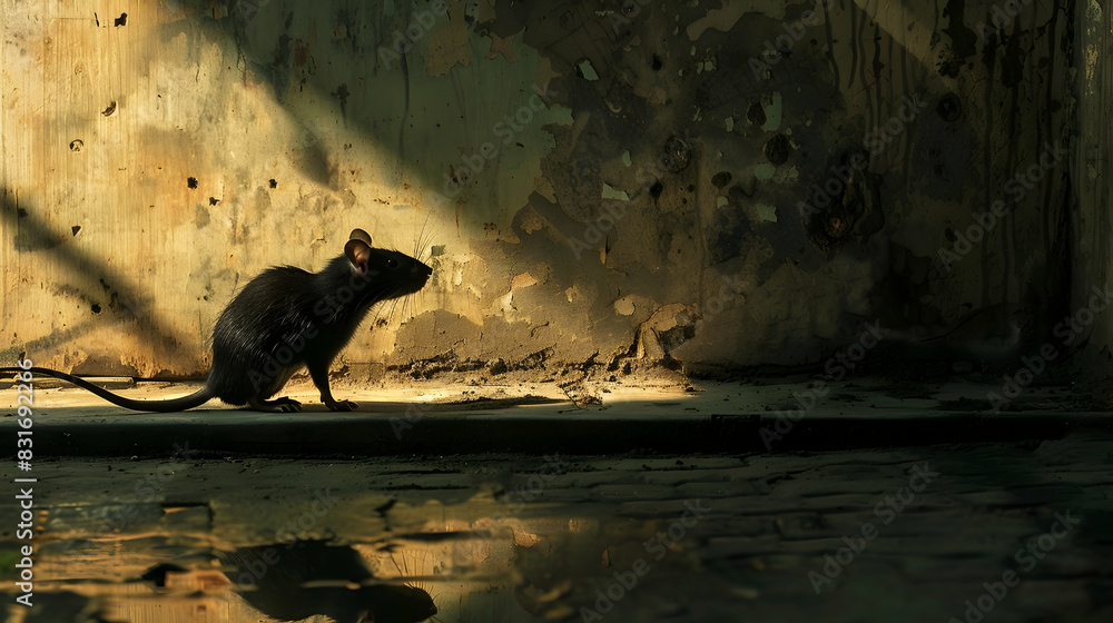 An atmospheric scene of a sewer rat standing on a ledge with dim ...