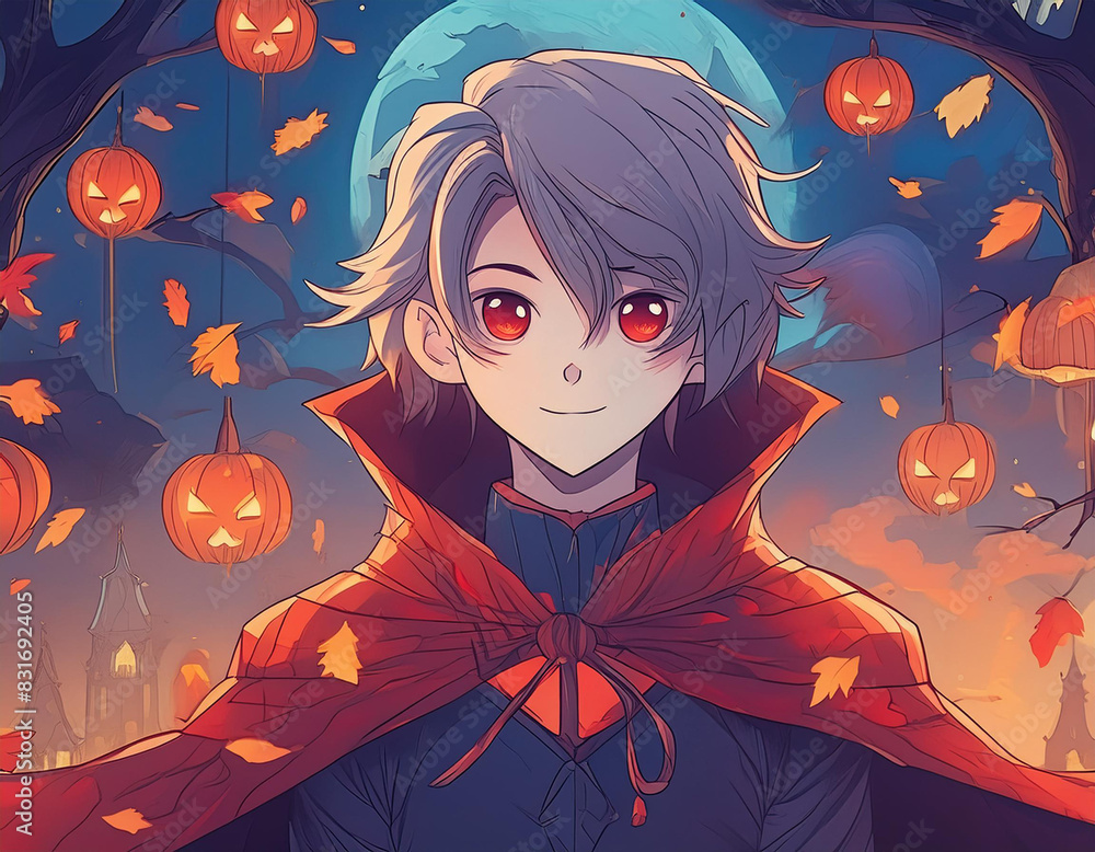 Vampire boy cartoon illustration. Cute guy has red eyes and a red ...