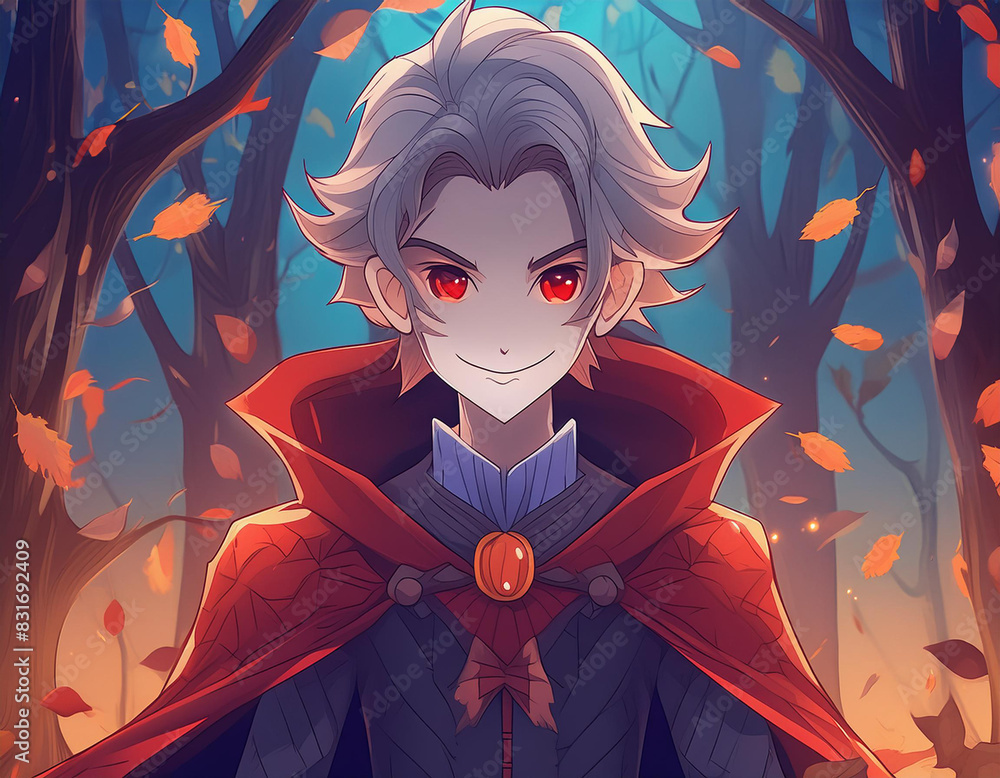 Vampire boy cartoon illustration. Cute guy has red eyes and a red ...