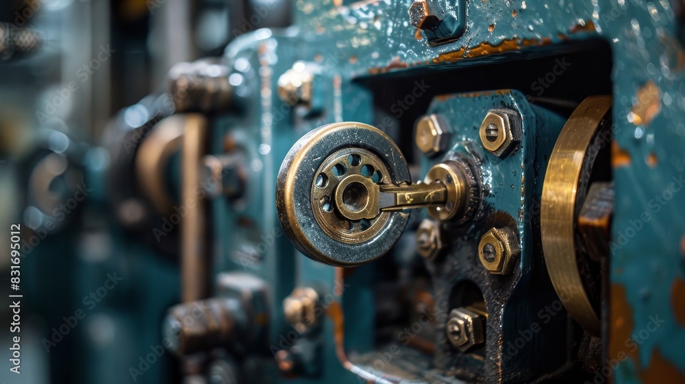 Close-up view of a key turning in a heavy-duty, industrial-style front ...