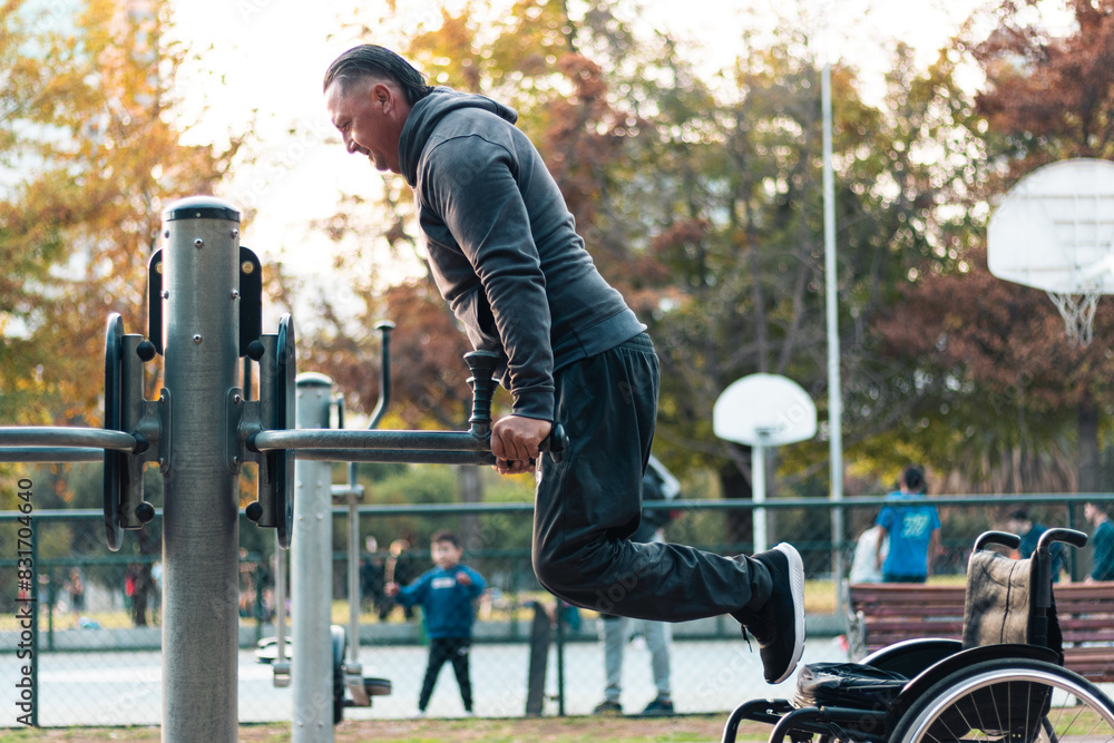 adult athlete man in wheelchair with amputated leg, doing push-ups with ...