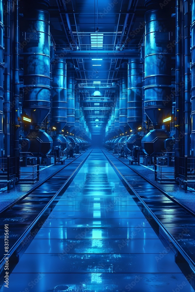 Futuristic Blue-Toned Industrial Complex with Sleek Metallic Forms and ...