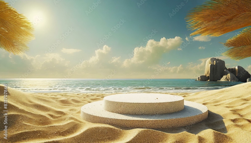 Beach podium summer background with sand and a 3D sea display platform ...